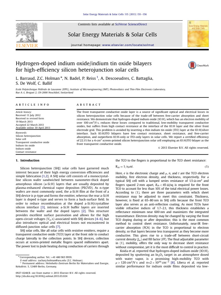 Hydrogen-Doped Indium Oxideindium Tin Oxide Bilayers | PDF | Solar Cell ...