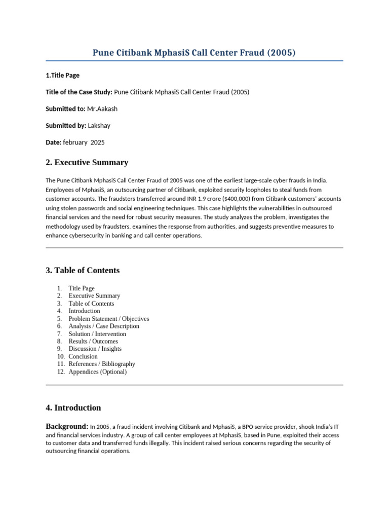 Pune Citibank MphasiS Call Center Fraud Assesment 1 Cyber 2nd Sem | PDF ...