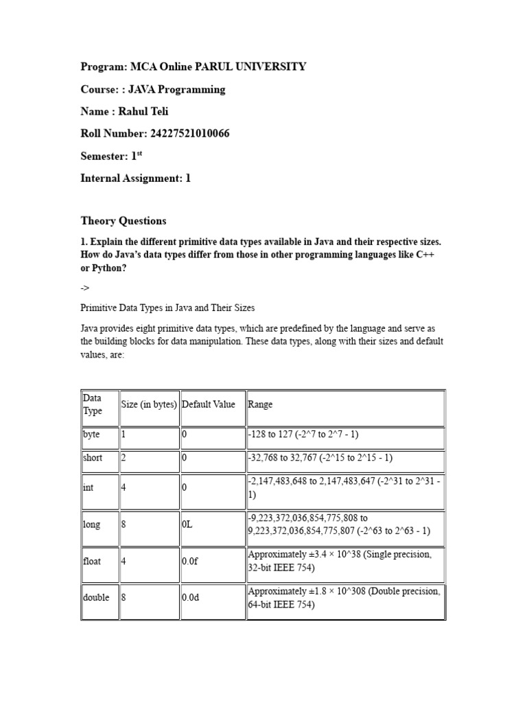 JAVA ASSIGNMENT SEM - 1 MCA | PDF | Method (Computer Programming) | Data Type