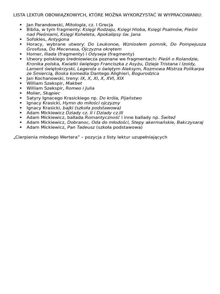Lista Lektur Obowiązkowych | PDF