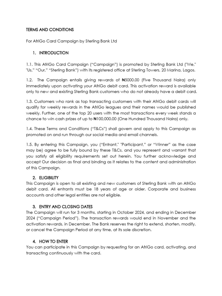 AfriGo Terms and Conditions | PDF | Debit Card