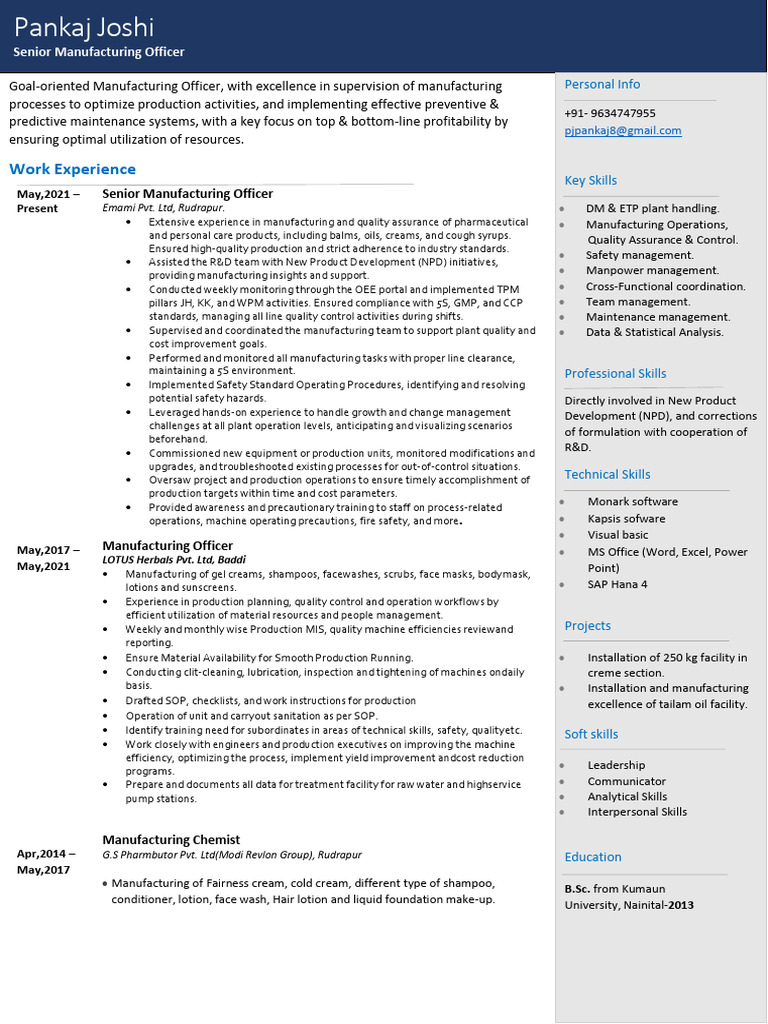 Senior Manufacturing Officer Profile | PDF