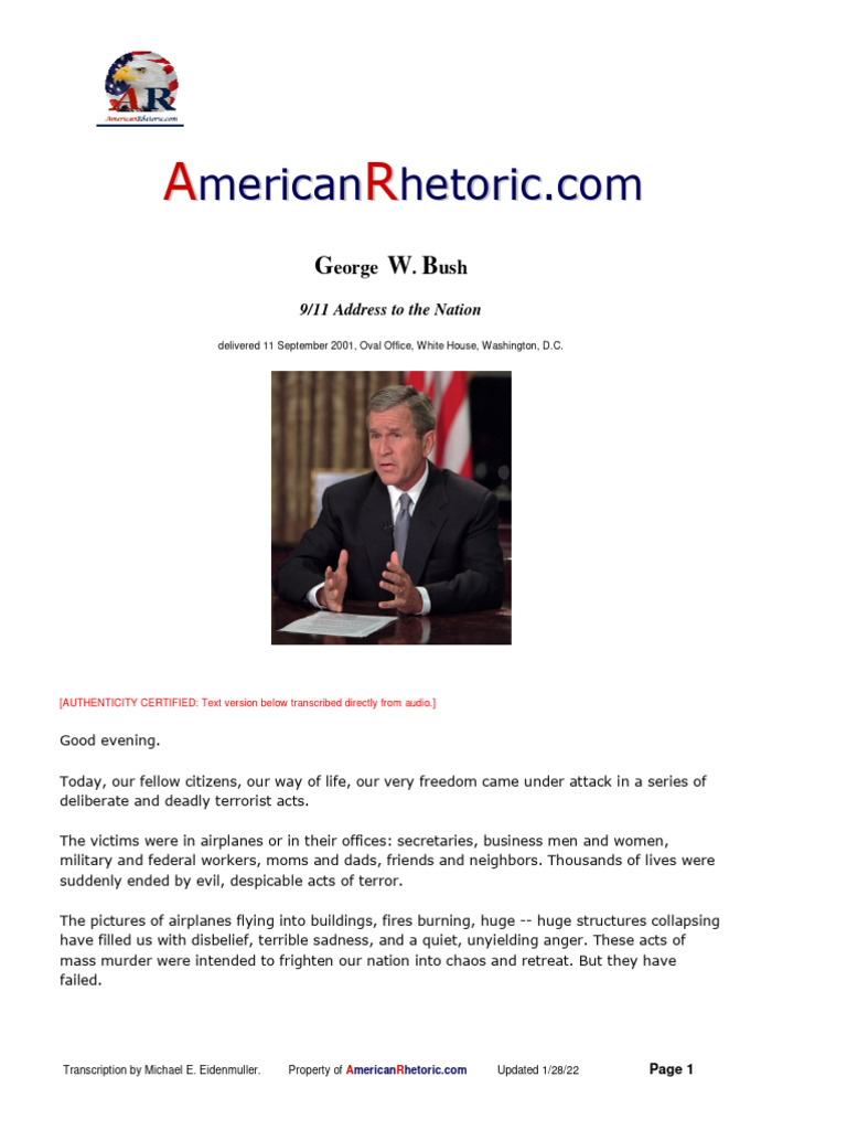 George W. Bush - 911 Address To The Nation | PDF | September 11 Attacks