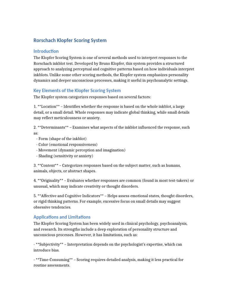 Rorschach Klopfer Scoring System | PDF