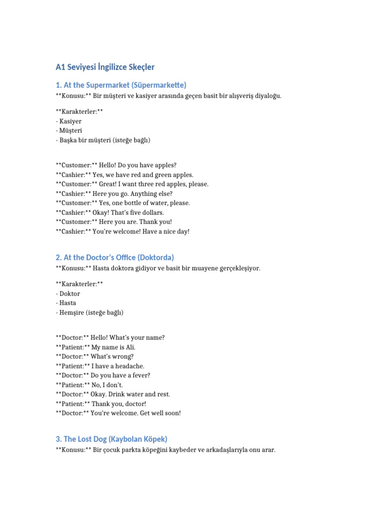 A1 Seviye Ingilizce Skecler | PDF