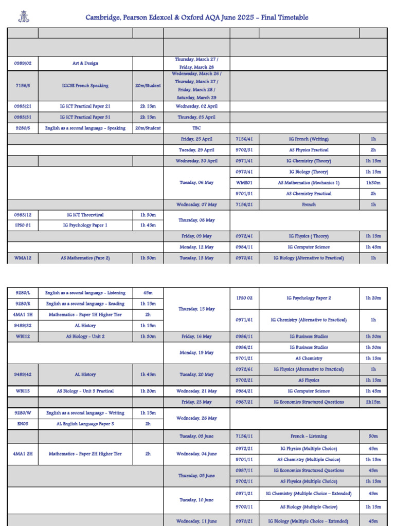 May-June 2025 Exam Timetable | PDF | Qualifications | Student ...