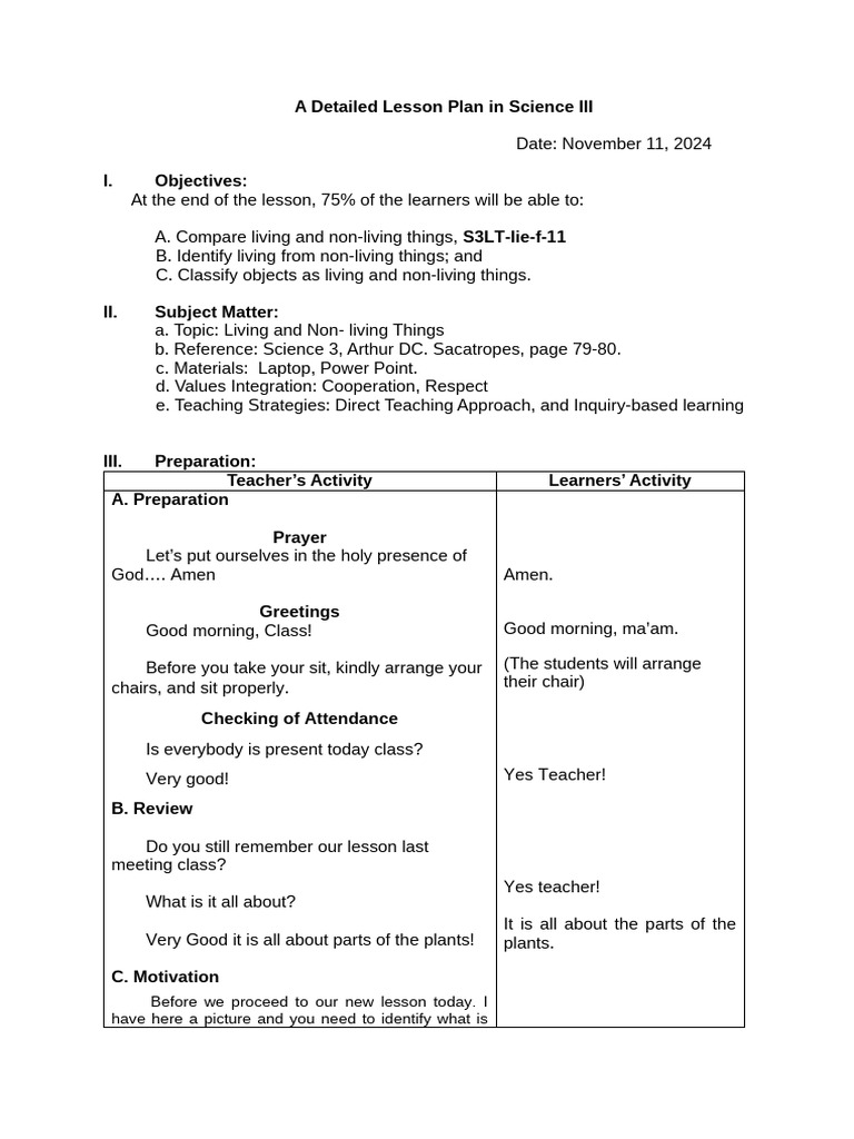 Living vs Non-Living Things Lesson Plan | PDF | Pedagogy | Cognition