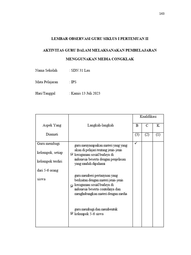 LEMBAR OBSERVASI GURU I Pert 2 | PDF