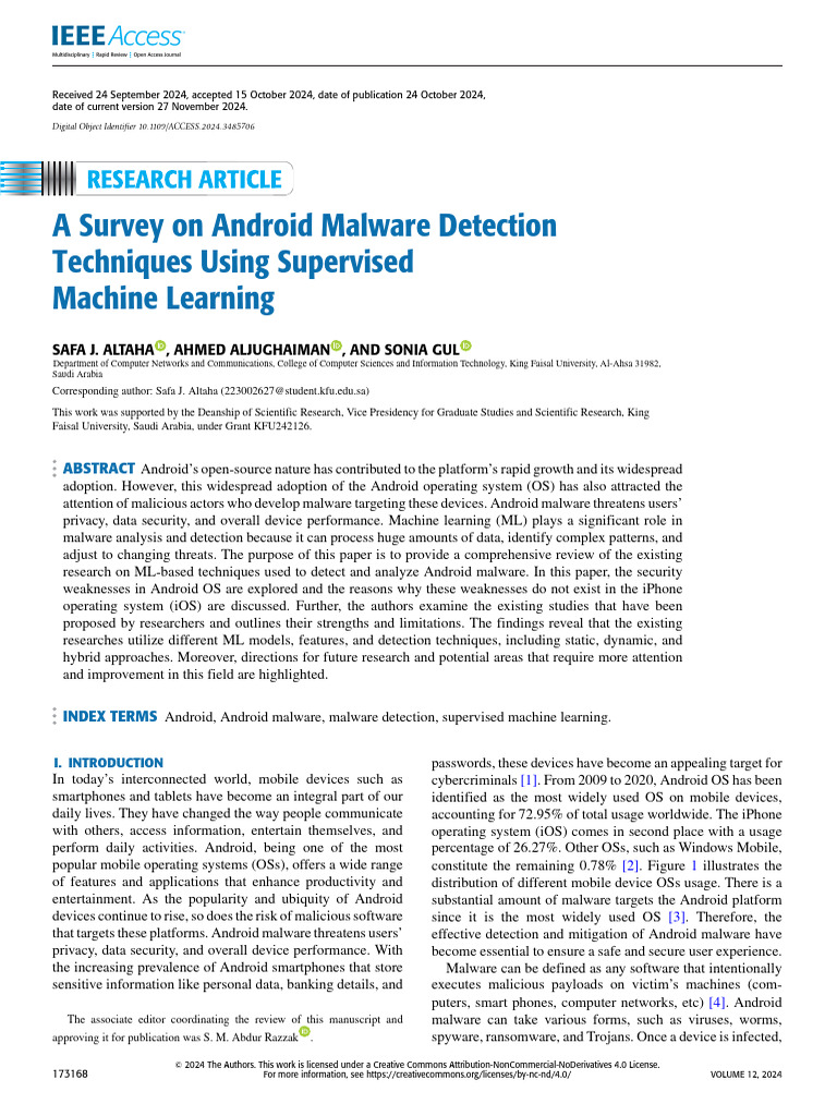 A Survey On Android Malware Detection Techniques Using Supervised Machine Learning Pdf