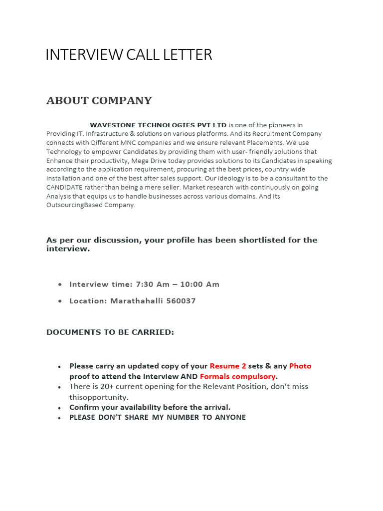 Wavestone Technologies Interview Call Letter | PDF | Business