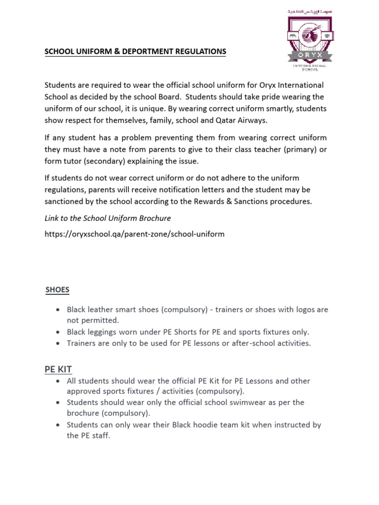 School Uniform Deportment Regulations | PDF | Jewellery | Dress Codes