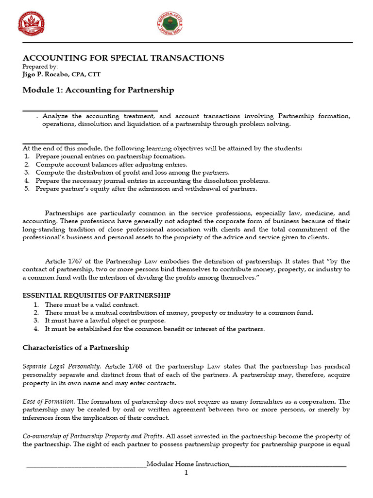 Accounting For Special Transactions Module 1 | PDF | Balance Sheet | Partnership