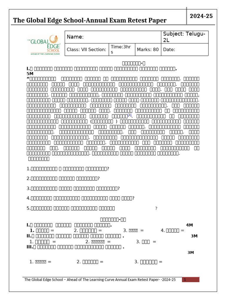 Grade 7 - 2L - Telugu - Annual Exam Retest Paper 2024-25 | PDF
