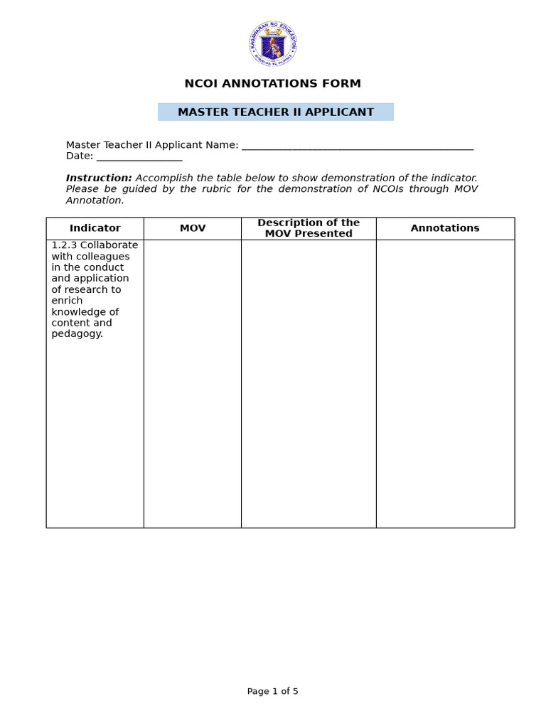 NCOI Annotations Form For Master Teacher II Applicant | PDF | Teachers ...
