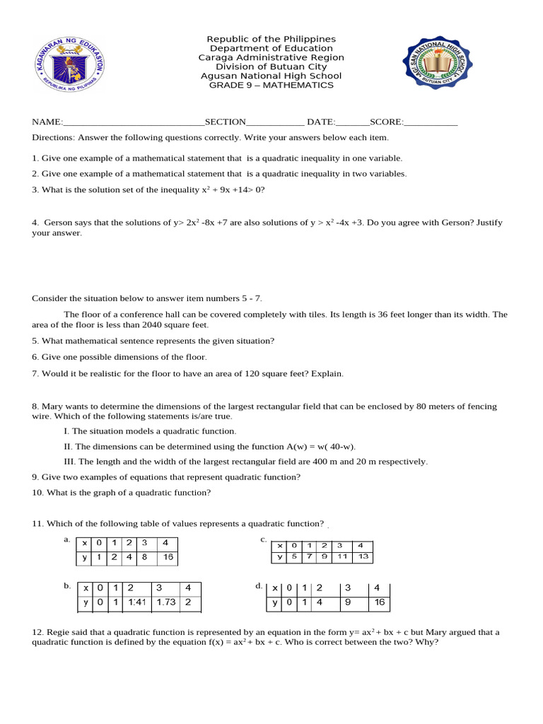 Performance Task Grade 9 | PDF | Quadratic Equation | Elementary ...