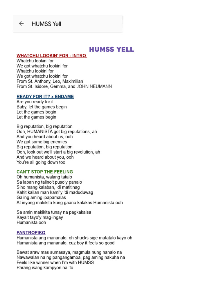 HUMSS Cheer and Yell Lyrics | PDF