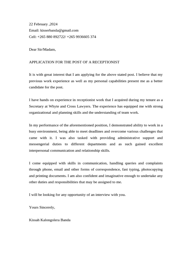 Application for Receptionist Position | PDF