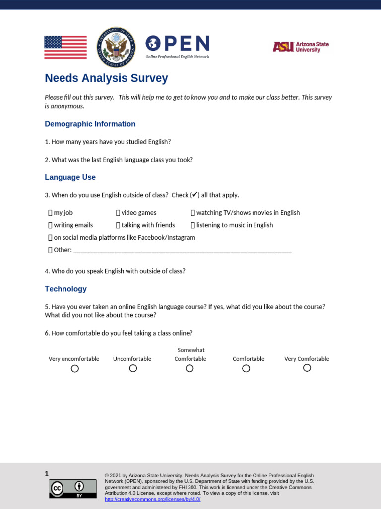 Module 1 Needs Analysis Survey | PDF | Vocabulary | English Language