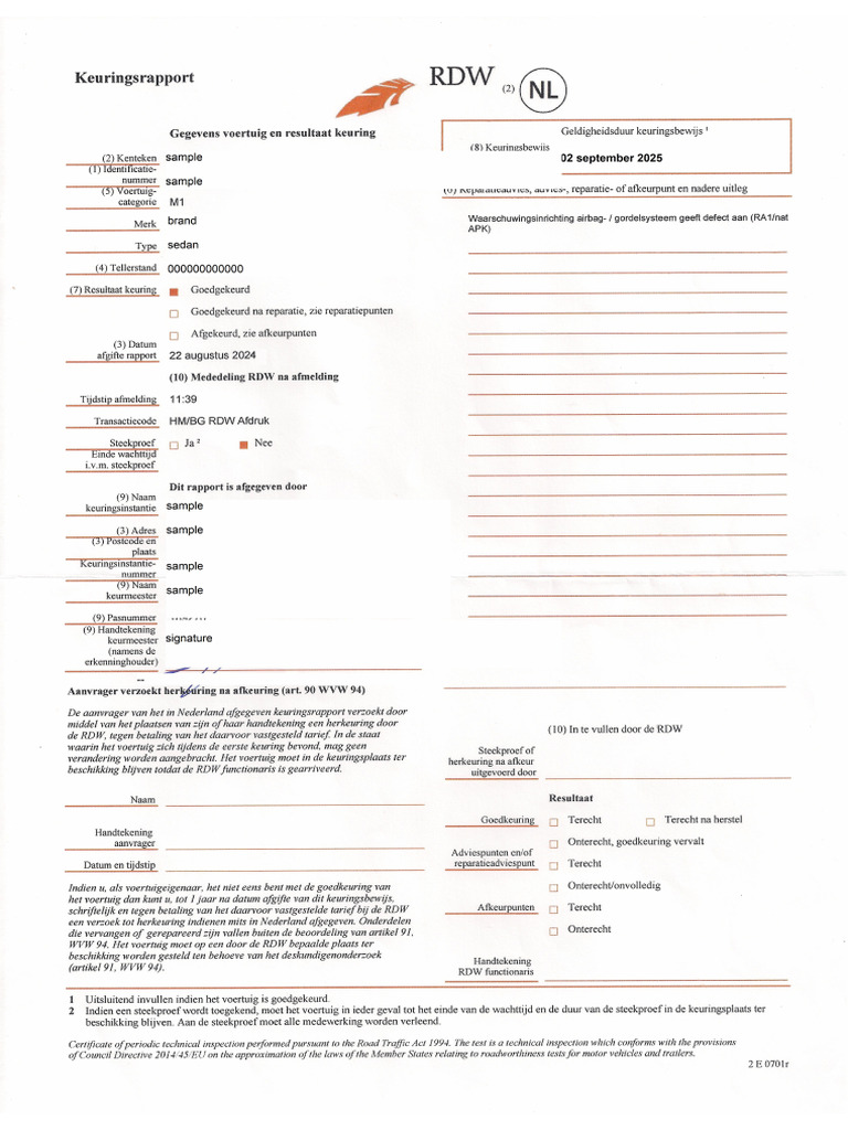 RDW - APK Keuring Sample | PDF