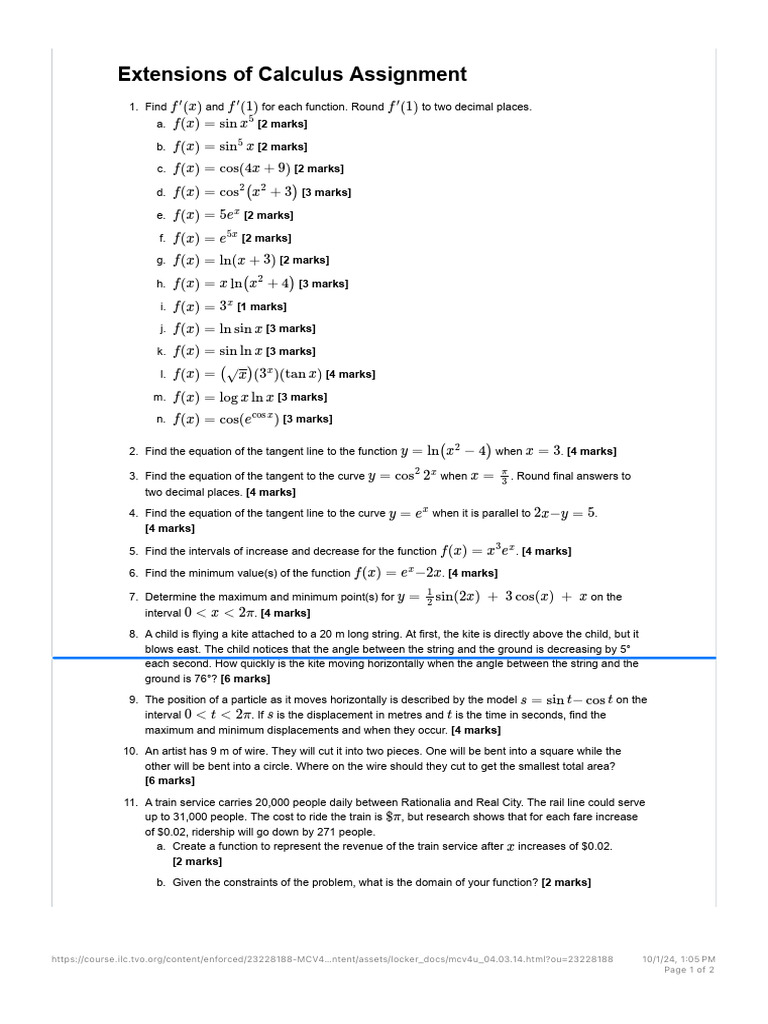 Extensions of Calculus Assignment | PDF | Tangent | Mathematical Analysis