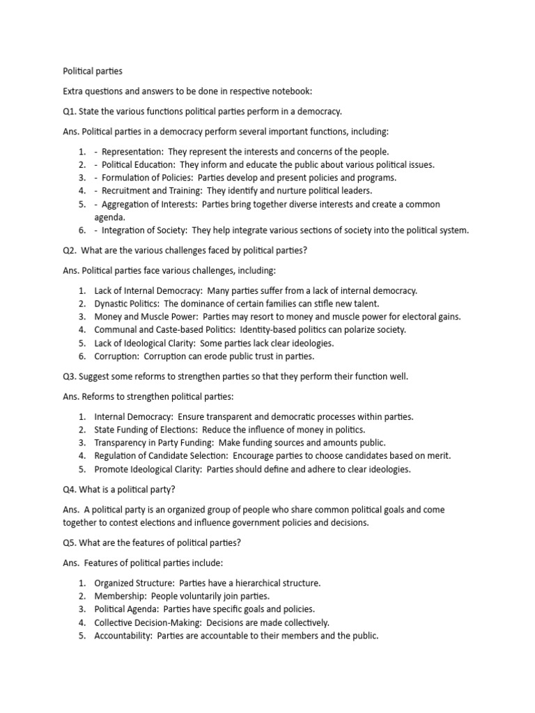 Political Parties Question and Answer Part 2 | PDF | Political Parties ...