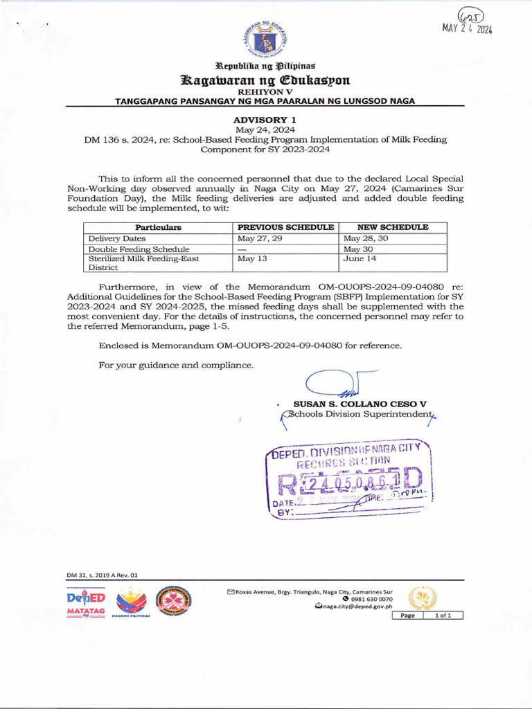 Advisory 1 May 24, 2024 School-Based Feeding Program Implementation of ...