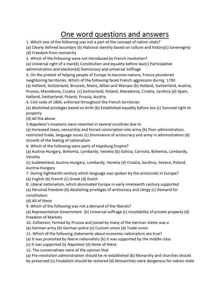 Nationalism in Europe One Word Questions and Answers | PDF | German ...