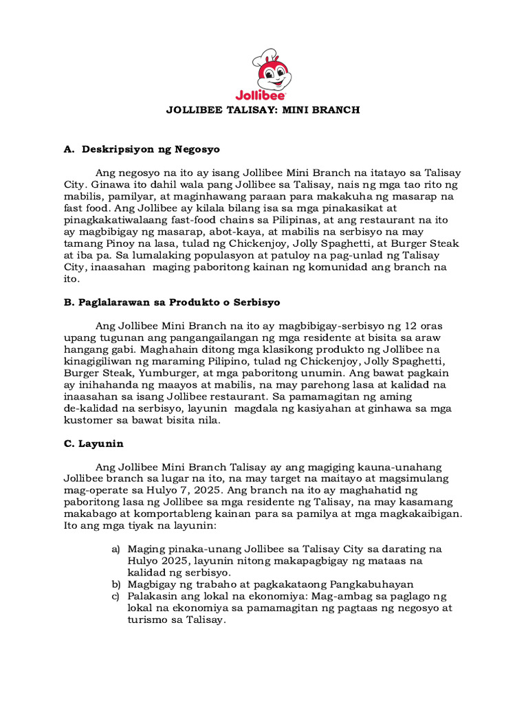 (A4) Jolibee Mini Branch Talisay Cataylo | PDF