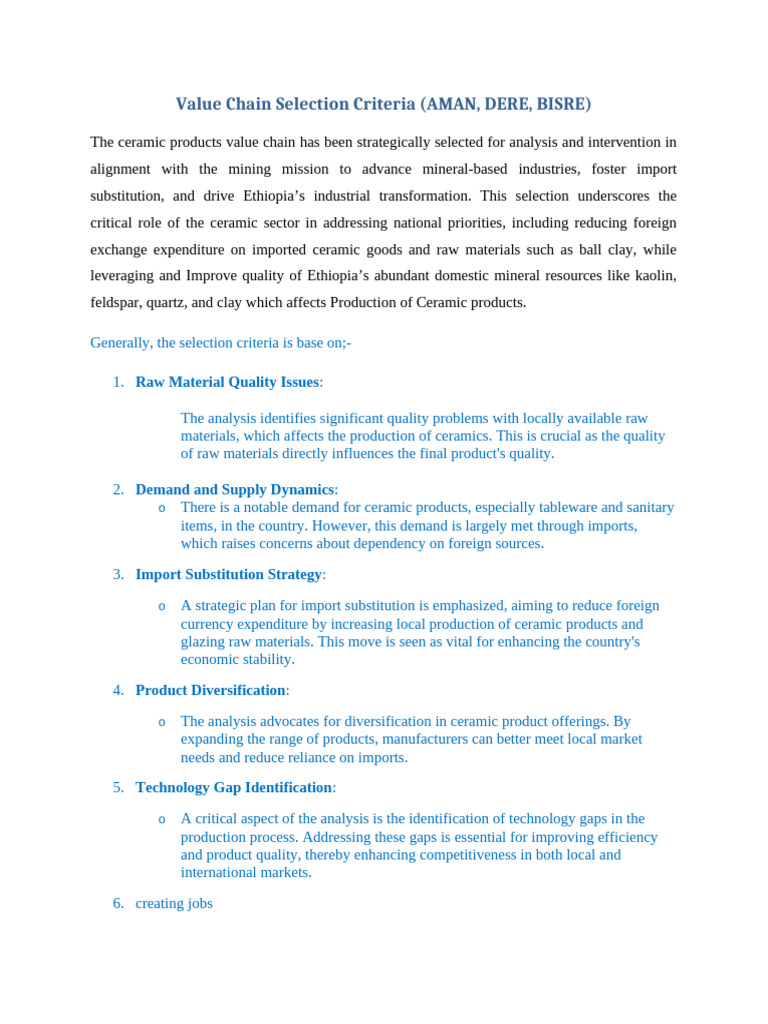 Value Chain Selection Criteria (AMAN, DERE, BISRE) V04 | PDF