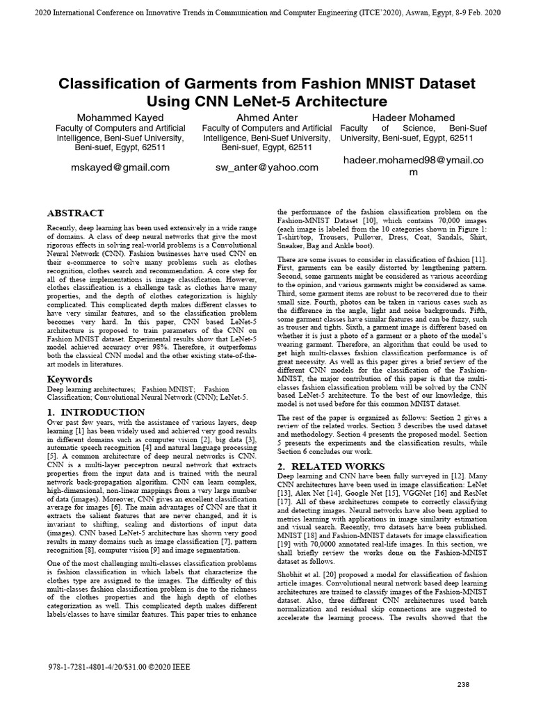 Classification Of Garments From Fashion Mnist Dataset Using Cnn Lenet 5