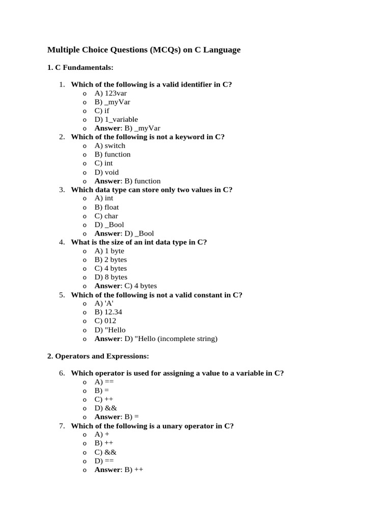 MCQs on C Programming Fundamentals | PDF | C (Programming Language) | Control Flow