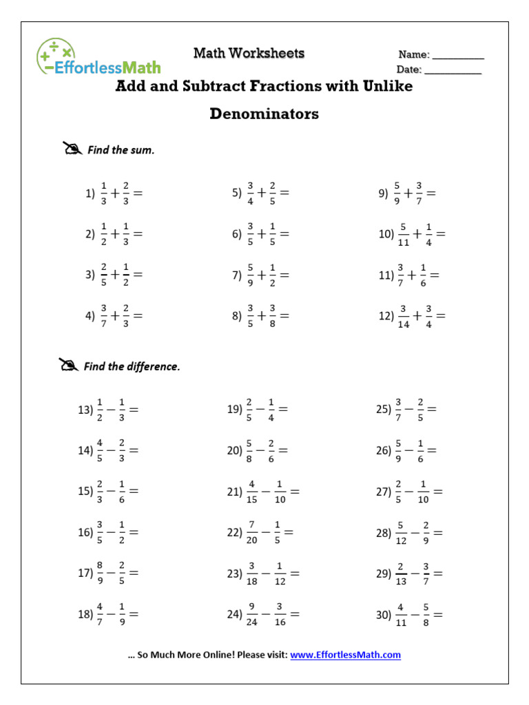 Add and Subtract Fractions Worksheet | PDF | Subtraction | Arithmetic
