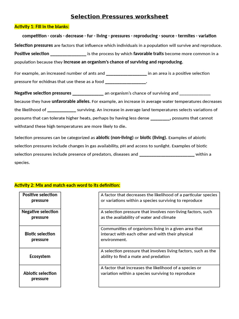 Selection Pressures Worksheet | PDF | Ecosystem | Natural Selection