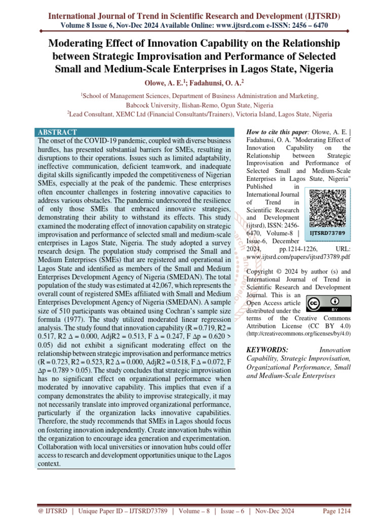 Moderating Effect of Innovation Capability On The Relationship Between Strategic Improvisation ...