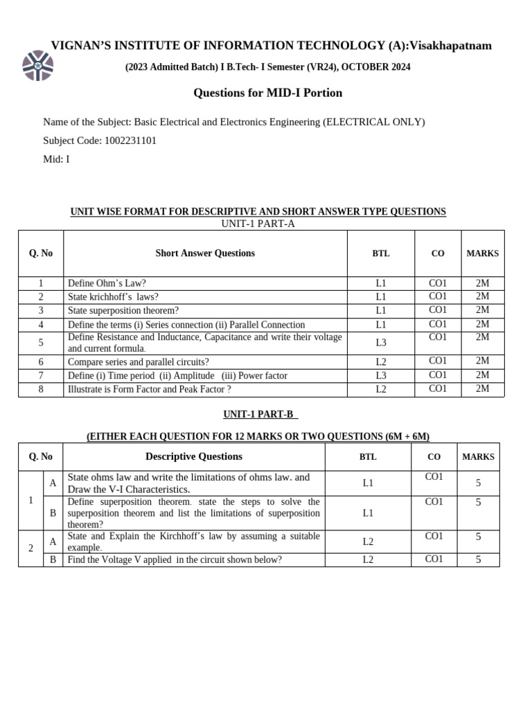 BEEE MID-1 Question Bank VR24 - Latest | PDF | Ac Power | Electrical ...
