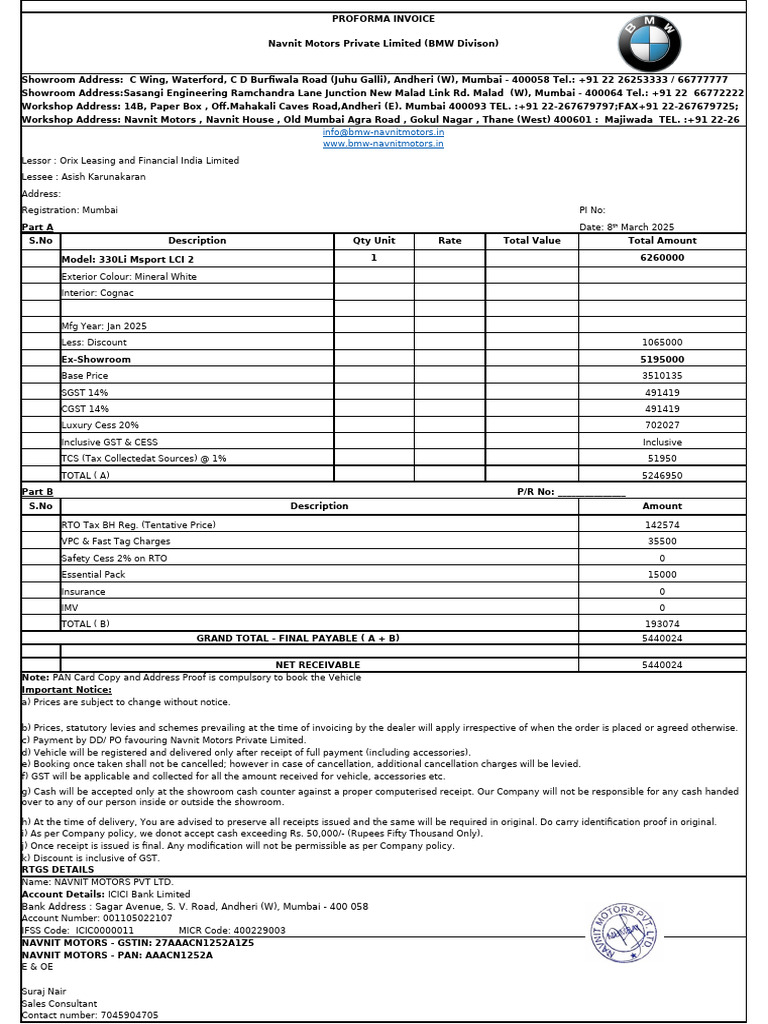 Pro-Forma Invoice 330li Msport LCi 2 | PDF | Receipt | Payments