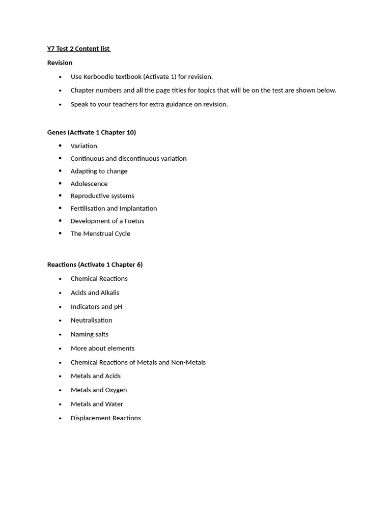 Y7 Test 2 Content List | PDF