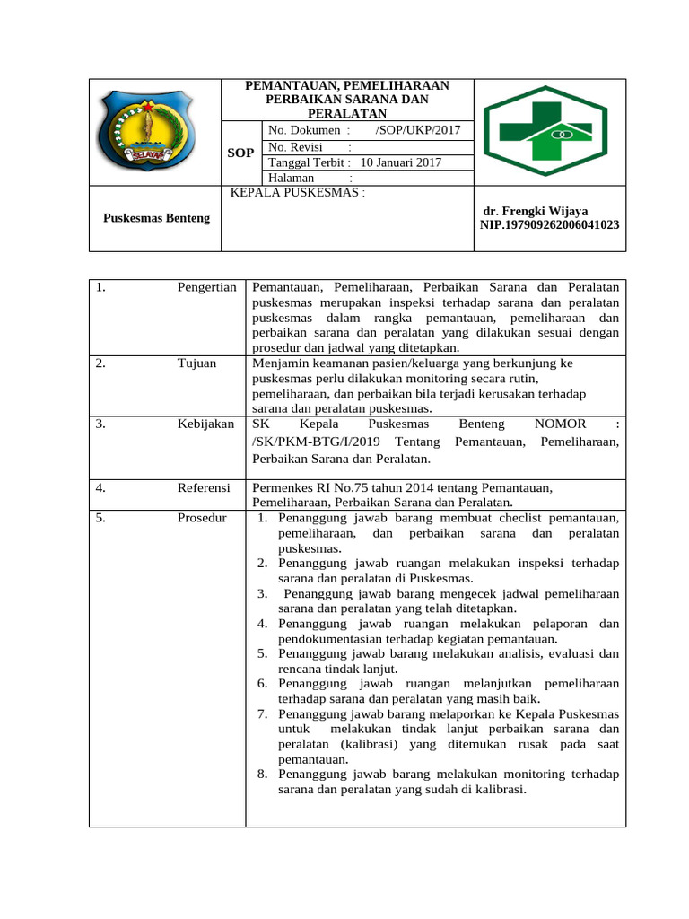 SOP PEMANTAUAN PEMELIHARAAN DAN PERBAIKAN SARANA DAN PERALATAN | PDF