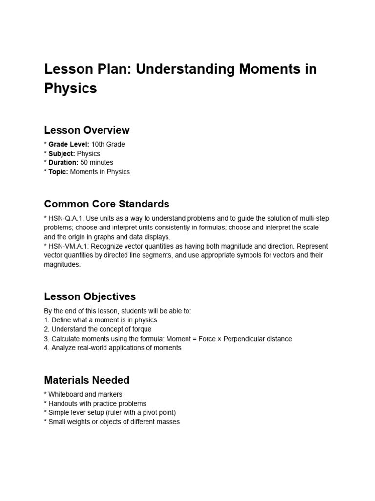 Lesson Plan - Understanding Moments in Physics | PDF | Torque | Force