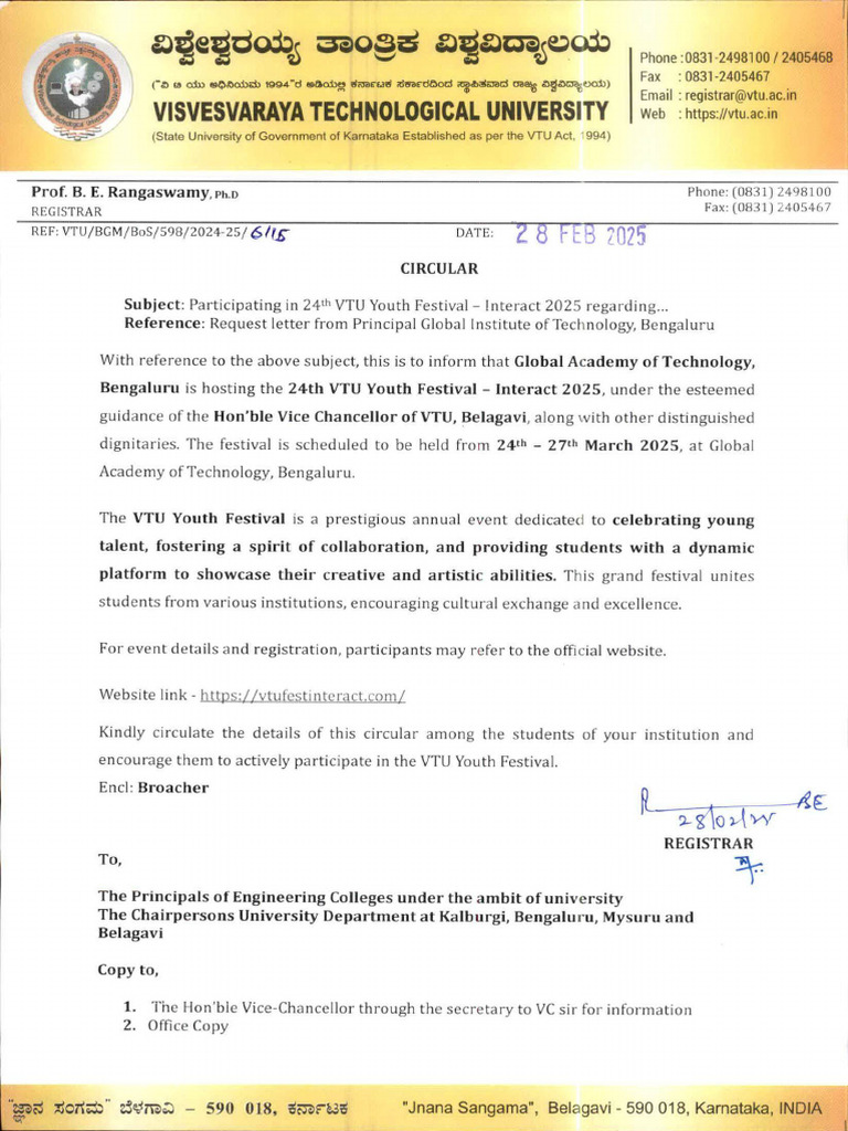 Circular (6115) - Participating in 24th VTU Youth Festival - Interact 2025 Broacher | PDF