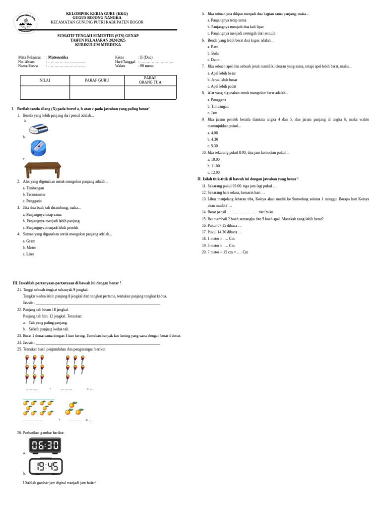 Kelas 2 Semester 2, STS MTK BARU | PDF