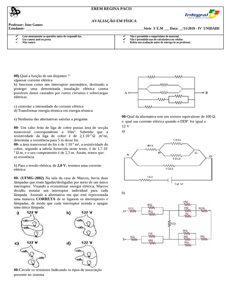 prova 3 iv (Salvo Automaticamente) (2) | PDF | Eletricidade | Resistor