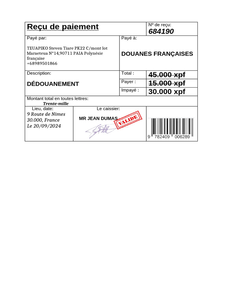 Modèle de reçu de paiement à imprimer | PDF