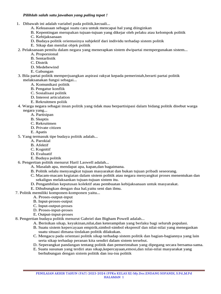 SOAL PKn Kls. XI SMK =AKHIR SEMESTER GENAP 2022-2023 | PDF
