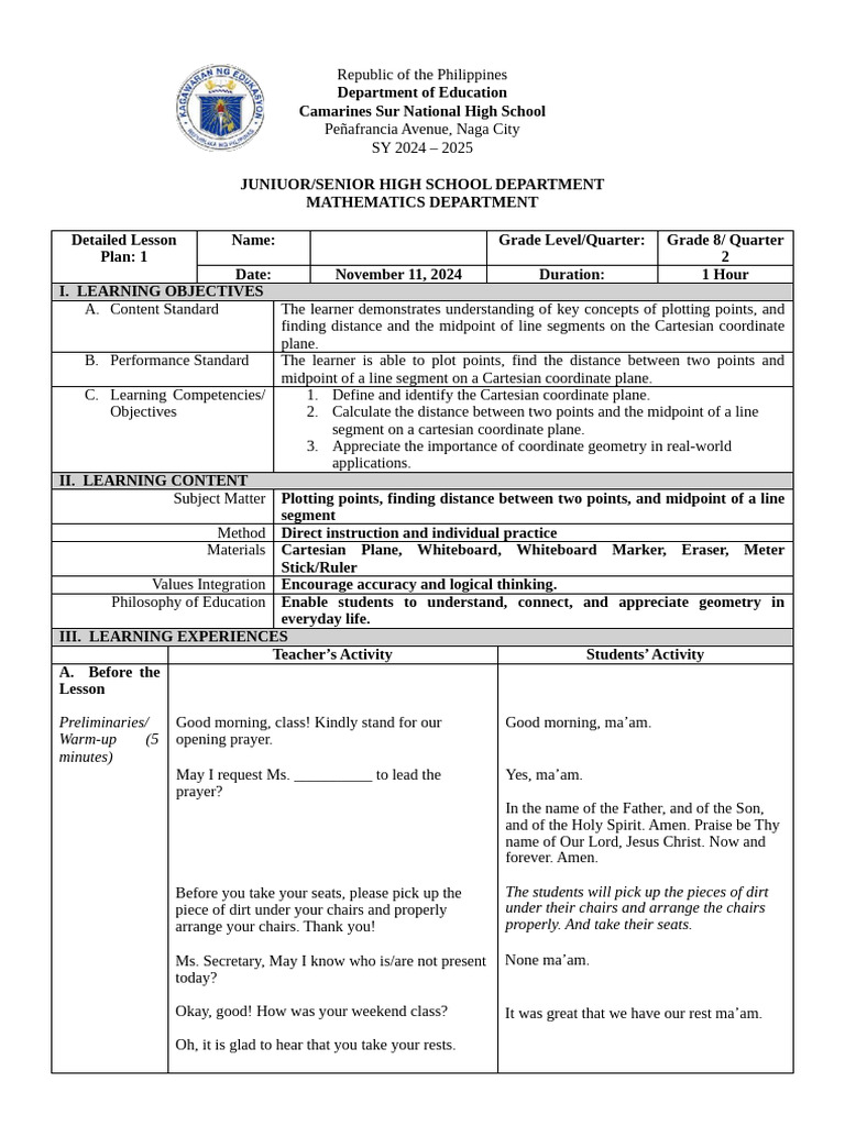 Lesson Plan Pdf Cartesian Coordinate System Elementary Geometry