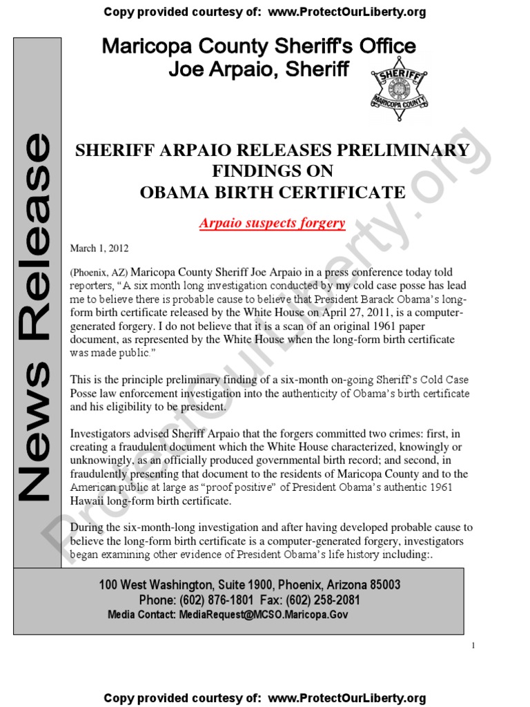 AZ Sheriff Joe Arpaio Cold Case Posse Report - Obama Docs Forged ...