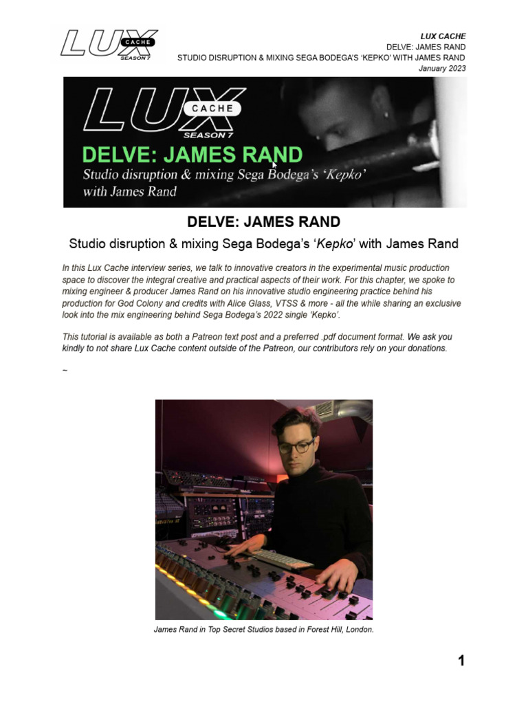LC - DS003 - JAMES RAND - Studio Disruption & Mixing Sega Bodega's Kepko' With James Rand | PDF ...