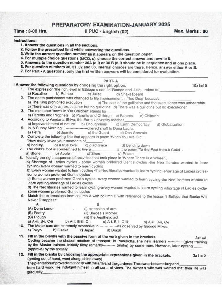 2nd Pu District Level Preparatory Question Paper | PDF