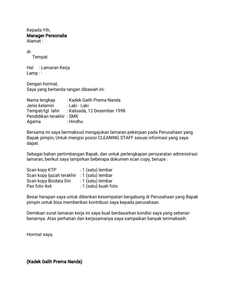 Surat Lamaran Galih | PDF