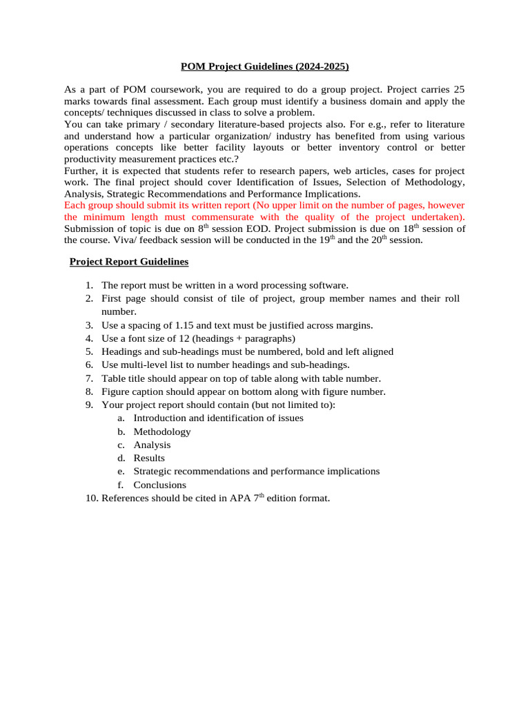 POM Group Project Guidelines - 2024-25 | PDF
